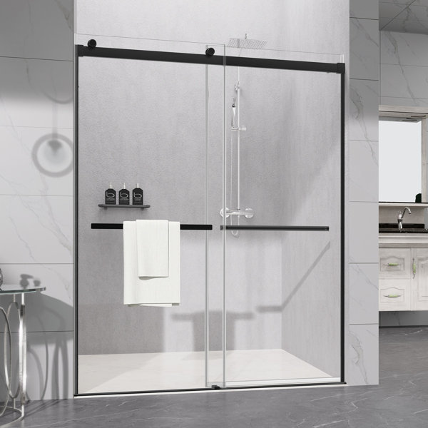 Sunrosa 60" W x 76" H Double Sliding Semi- Frameless Shower Door with 5/16"(8mm) Clear Tempered ...